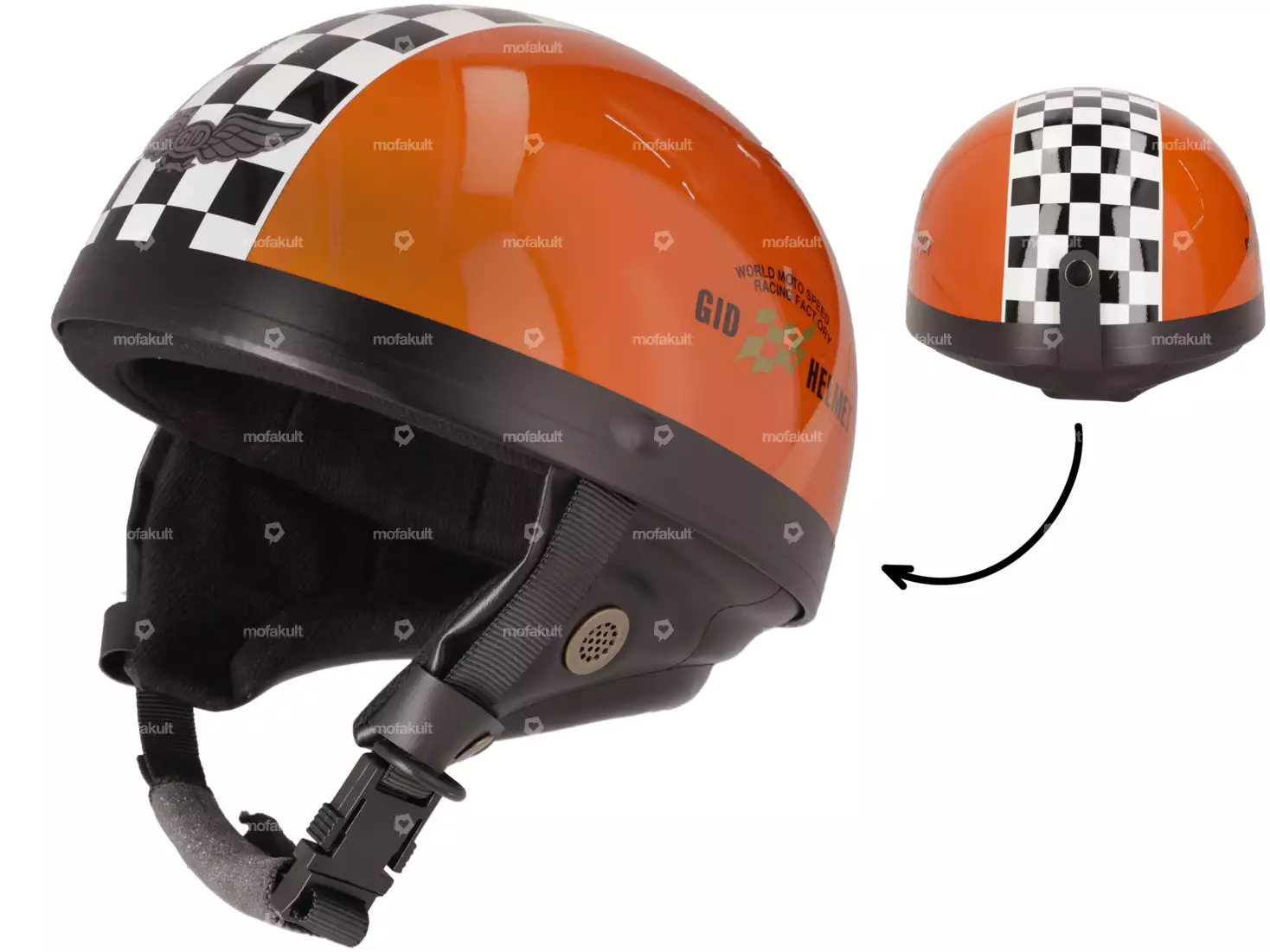 Topfhelm orange mit Zielflagge | mofakult